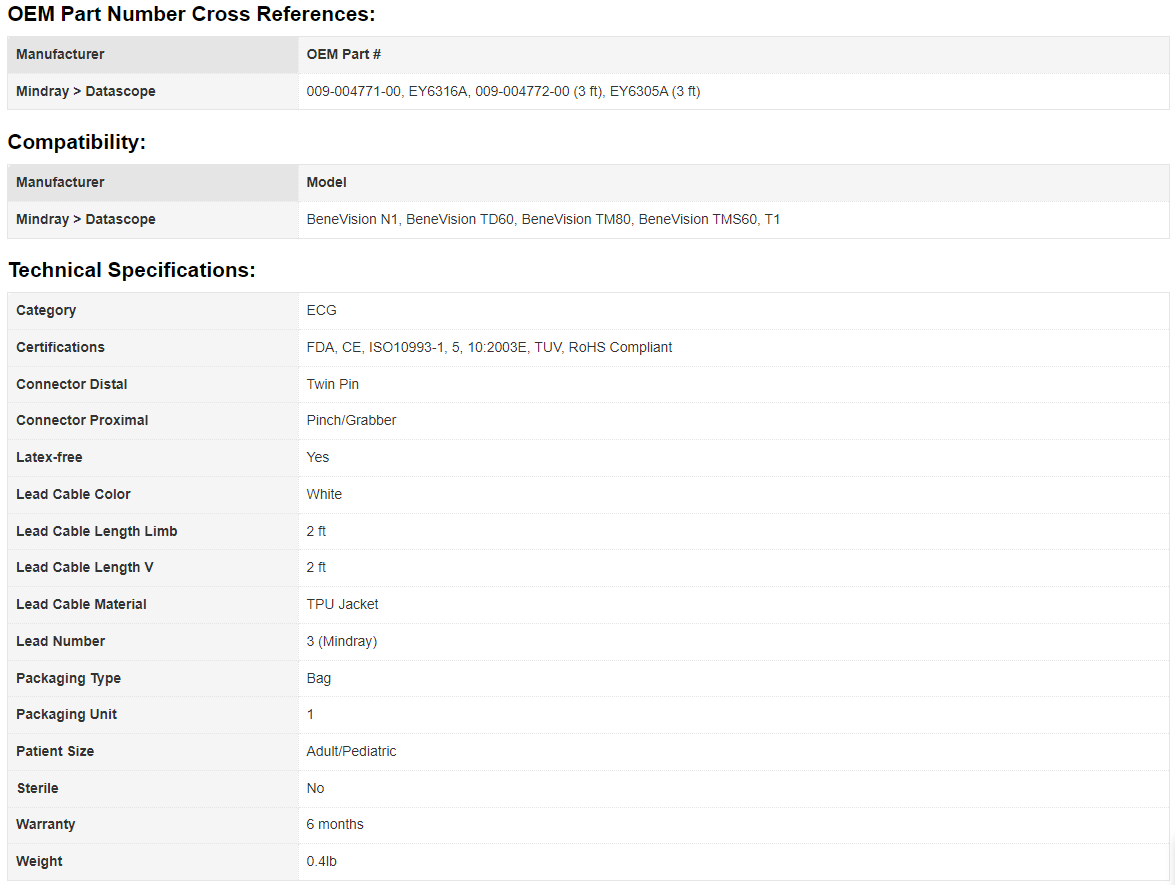 Mindray > Datascope Compatible ECG Telemetry Leadwire - 009-004771-00 ...